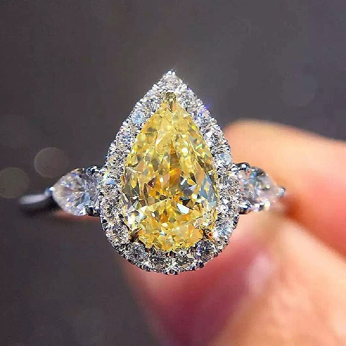 925 Sterling Silver CZ Sparkling Full Diamond Simple Yellow Waterdrop Pear Shaped Zircon Ring for Women Fashion Business Accessory Ring Eternity Engagement Wedding Ring Promise Ring 539 (6)