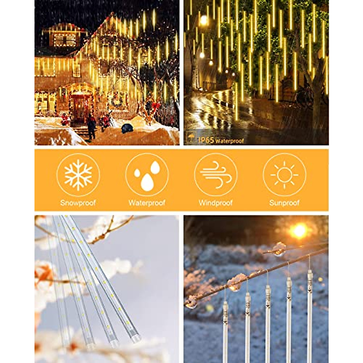 EAGWELL Outdoor Shower Lights, Warm White Meteor Shower Lights 50cm 10 Tube 540 LEDs Falling Rain Lights, Waterproof Meteor String Lights for Garden Yard Porch Wedding Party Christmas Tree Decor