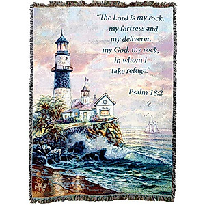 Pure Country Weavers Lighthouse Blanket by Carl Valente - The Lord is My Rock and My Fortress - Scriptures -Psalm 18:2 - Religious Gift Tapestry Throw Woven from Cotton - Made in The USA (72x54)