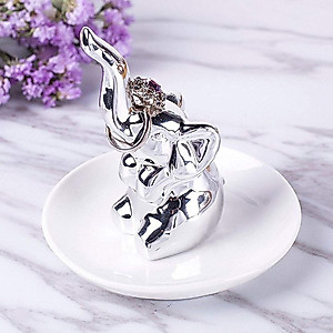 Lependor Lucky Elephant Ring Holder Jewelry Tray for Wedding Christmas Birthday Gifts, Handmade Ceramic Decor Jewelry Small Animal Tray - Silver Elephant