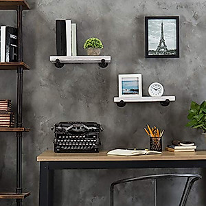 MyGift 16-Inch Rustic White Wood Wall-Mounted Floating Shelves with Black Metal Pipe Brackets, Urban Industrial Wall Hanging Storage and Display Shelf, Set of 2