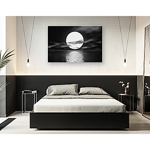 Cao Gen Decor Art S06481 Wall Art Canvas Sea White Full Moon in Night Picture Canvas Poster Print Black and White Ocean for Living Room Bedroom Kitchen Home Decorations Framed Artwork