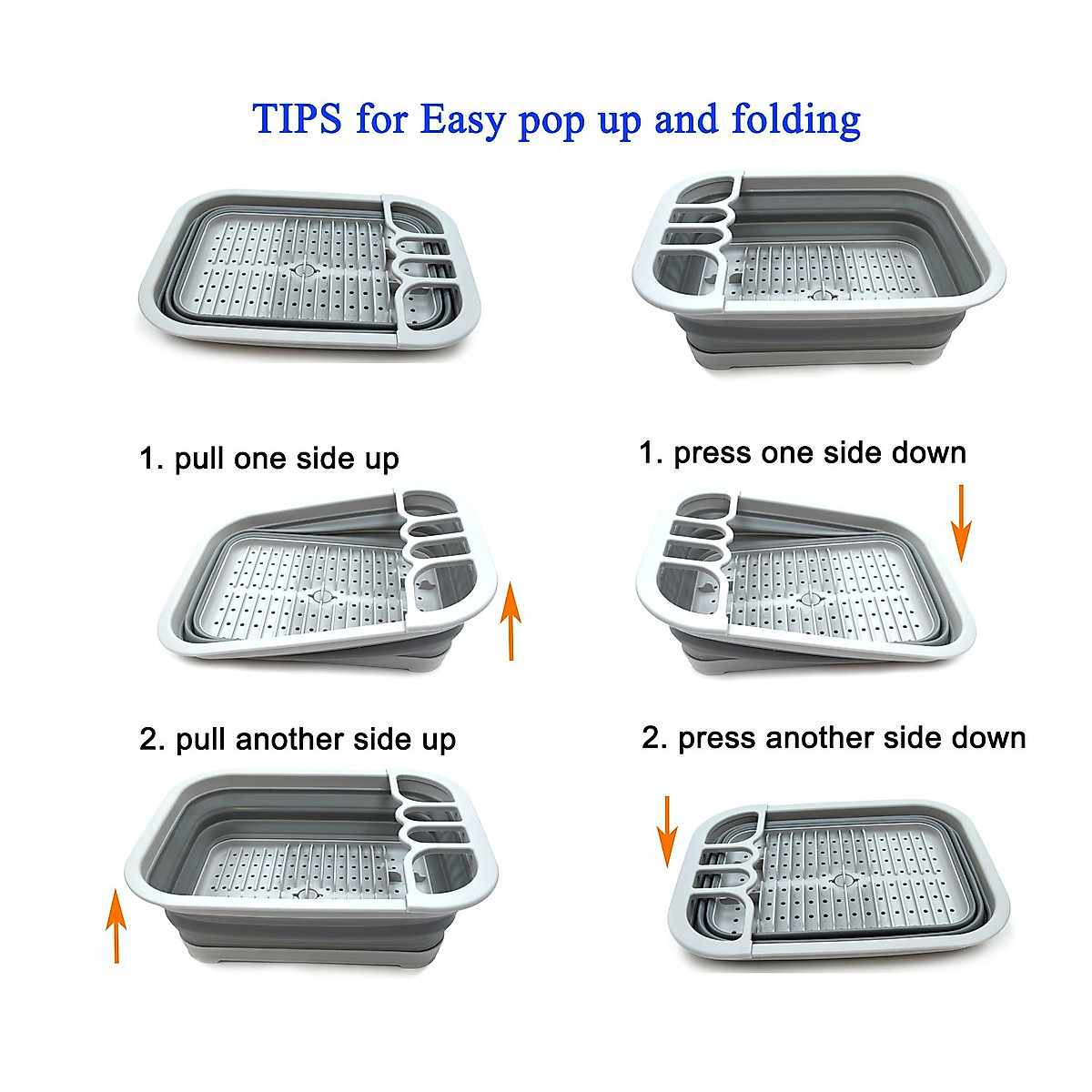 SAMMART Collapsible Dish Drainer with Drainer Board - Foldable Drying Rack Set - Portable Dinnerware Organizer - Space Saving Kitchen Storage Tray (1, Grey)