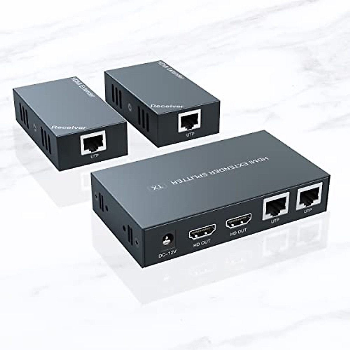 HDMI Extender 1 to 2 Splitter Transmit 1080p HD Video Over 50m/165ft Ethernet Cat5e/6 with 2 HDMI Local Output, Works with Computer/Camera/Projector/TV