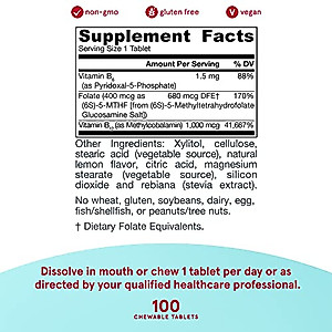 Jarrow Formulas Extra Strength Methyl B-12 & Methyl Folate - 100 Chewable Tablets, Lemon Flavored - Bioactive Vitamin B12 & B9 - Cellular Energy and Cardiovascular Support (Packaging May Vary)