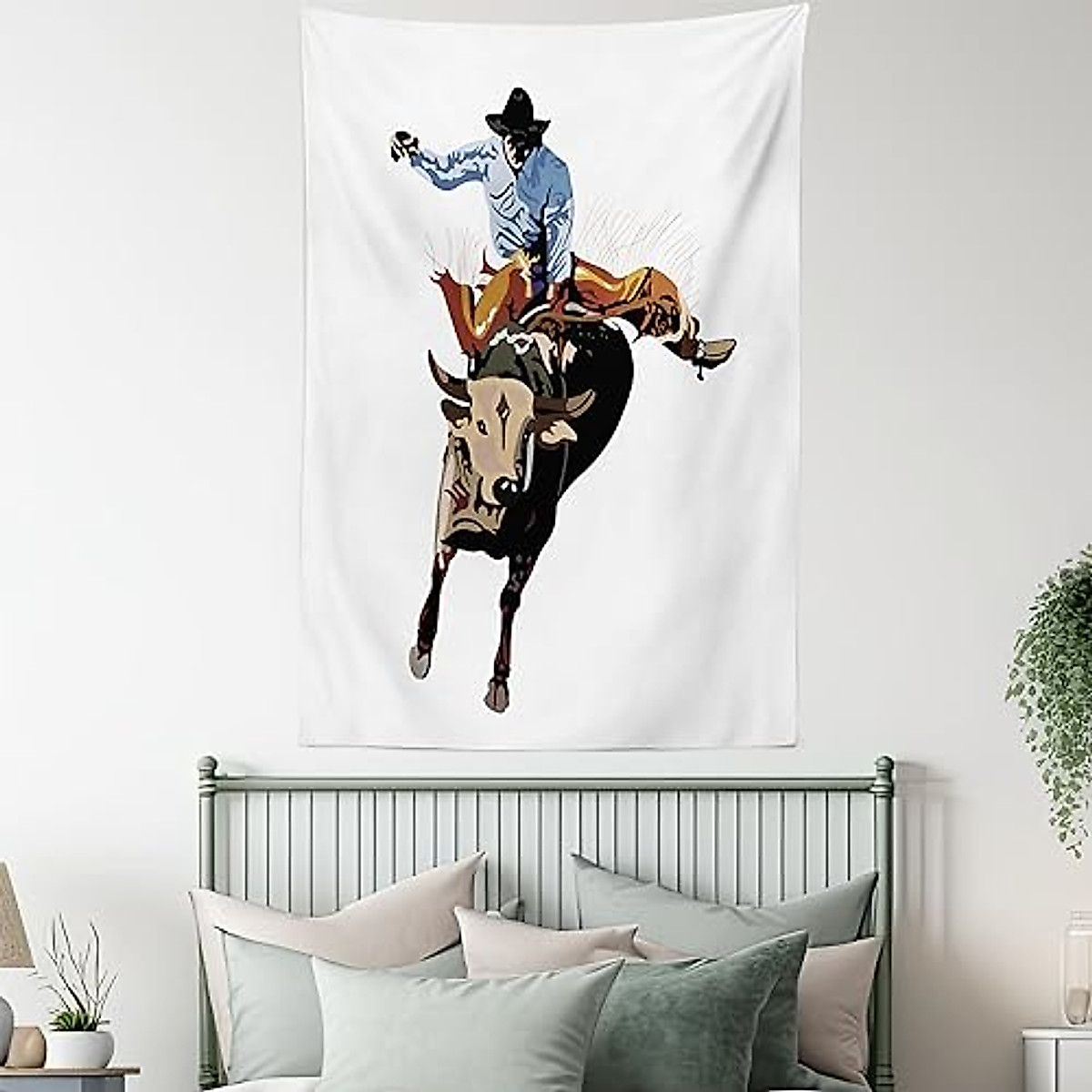 Ambesonne Rodeo Tapestry Twin Size, Yea Haw Cowboy Bucking Bull Western Sports American Graphic, Wall Hanging Bedspread Bed Cover Wall Decor, Twin Size, Rust Beige