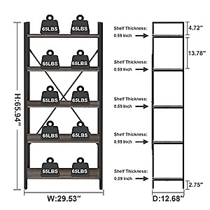 FATORRI 5 Tier Industrial Bookshelf, Rustic Open Bookcase for Display, Dark Wood and Metal Shelving Unit and Tall Book Shelves for Home Office (Walnut Brown)