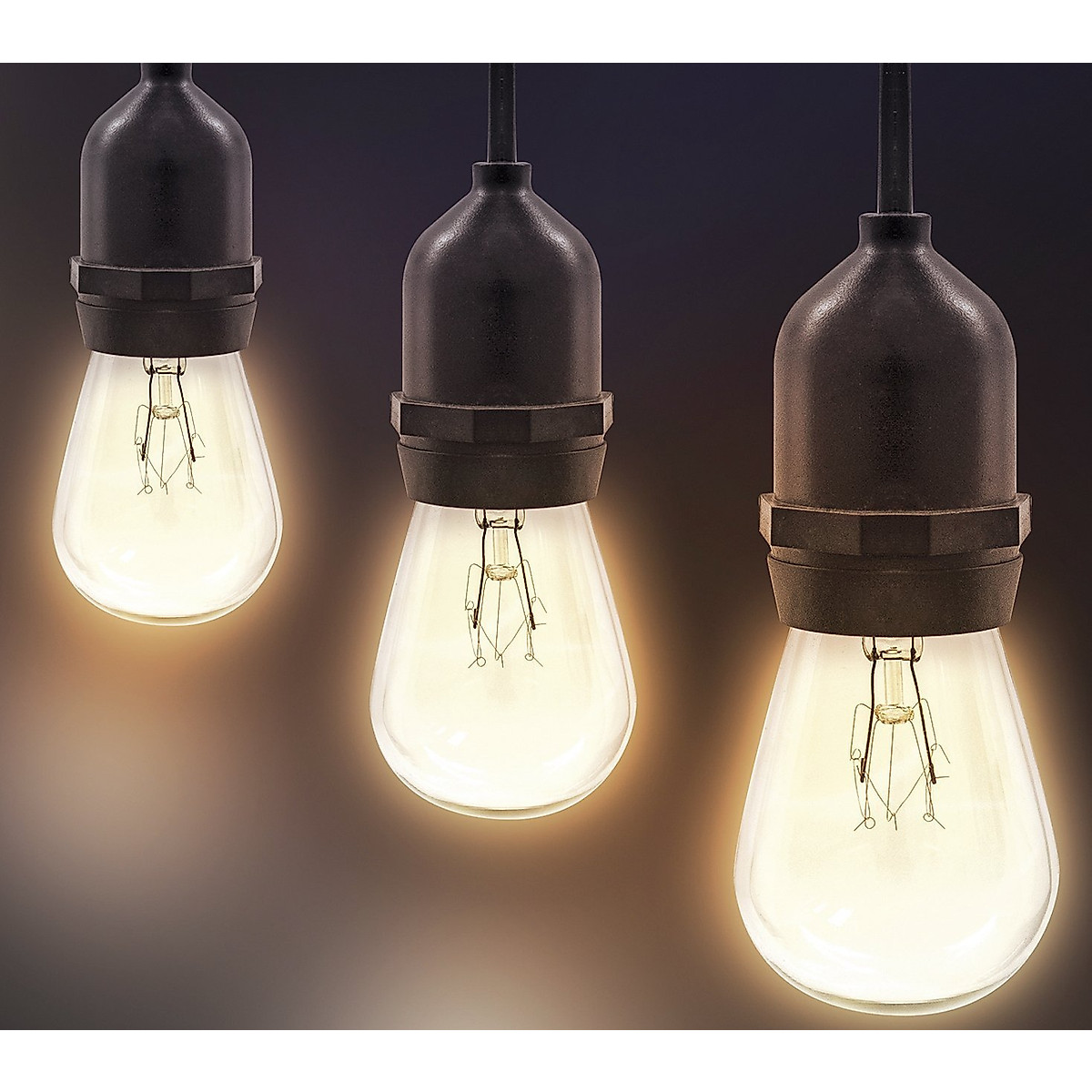 Outdoor String Lights 48 Ft, Commercial Grade Outdoor Light Strand with Hanging Sockets - Weatherproof Strand for Patio Garden Porch Backyard Party Deck Yard, 15 light bulbs included – Black