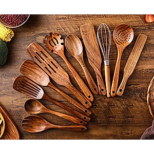Kitchen Utensils Set, NAYAHOSE 11 Pcs Teak Wood Cooking Utensils Spoons Spatulas Spurtles Kit Non-stick Natural Kitchen Tools for Cooking