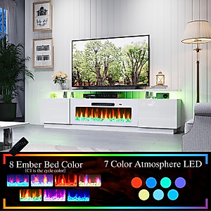 AMERLIFE Fireplace TV Stand with 40" Fireplace, 80" Modern High Gloss Fireplace Entertainment Center LED Lights, 2 Tier TV Console Cabinet for TVs Up to 90", White & White