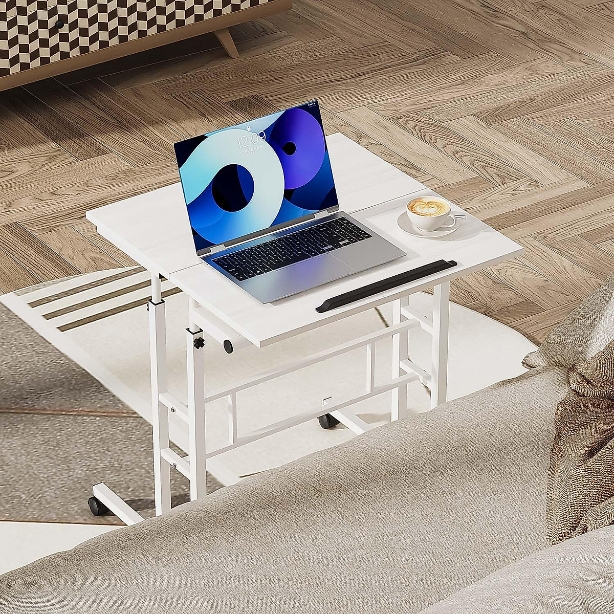 SFIHOME Small Standing Desk Adjustable Height and Angle, Computer Laptop Desk Home Office Sit Standup Desk, Portable Rolling Desk with Wheels, 2 Platforms, White