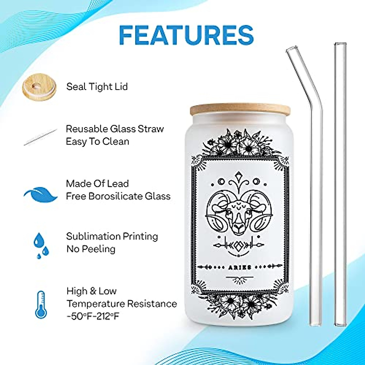 Hyturtle Personalized Glass Cup Aries Zodiac Sign Glass Cup With Bamboo Lid & Straw 12oz16oz Astrology Glass Cup Gift For Mothers Day Friend Mom Sister Coworker Female Women Her Wife Birthday Women