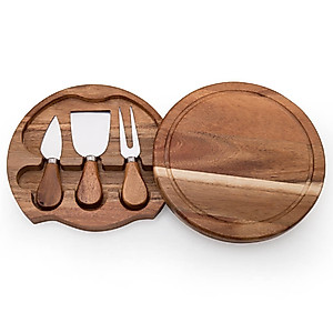 Tungyi Round Slide-Out Acacia Wood Cheese Serving Board and 3 Piece Cheese Tool Set, 7.5 inch Diameter, Ideal for Outdoor Picnic Housewarming Kitchen Personalized Gift