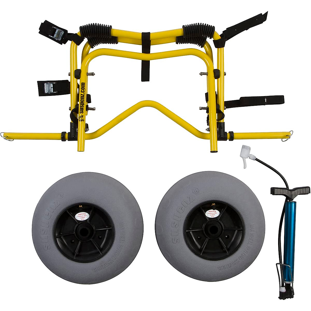 Suspenz Kayak Beach Cart Trailer, DLX Canoe Trolley with Balloon Wheels Sand Tires and Straps, Yellow, Flat Platform, 22-7044