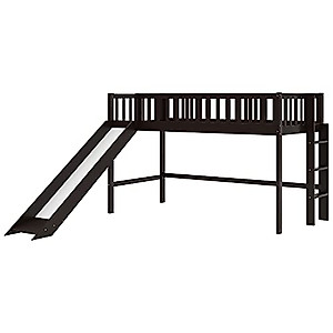 Twin Loft Bed with Slide Rails Frame Wood for Junior Kids Slat Support, No Box Spring Needed