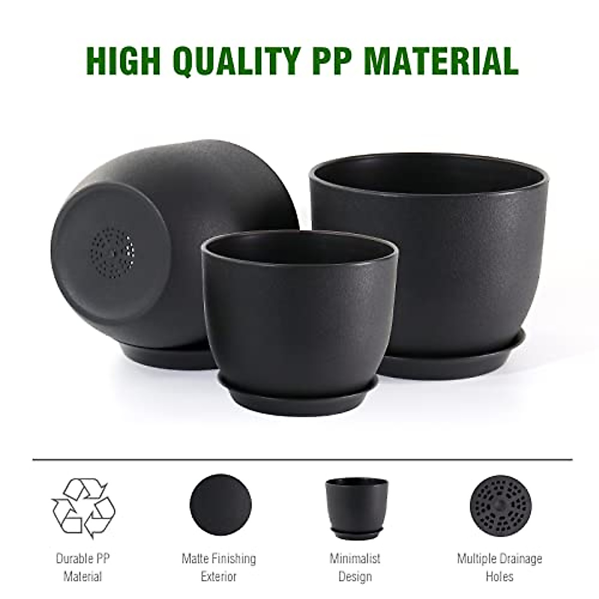 WOUSIWER Plant Pots 10/9/8 inch, Set of 3 Modern Decorative Plastic Planters with Drainage Holes and Saucers for House Plants Indoor Flowers Plants, Black