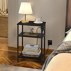 MOOACE Nightstand Black with Charging Station, 3 Tier Black Nightstand End Table with Storage Shelf, Narrow Side Table with USB Ports, for Living Room, Bedroom and Balcony, Black