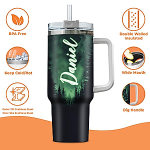 FOXCORNER Personalized Green Wolf Tumbler 40oz with Handle & Straw for Wolf Lovers, Wolfs Present for Men Women on Birthday Christmas, Custom Name Stainless Steel Travel Coffee Cup, Animal Lover Gifts