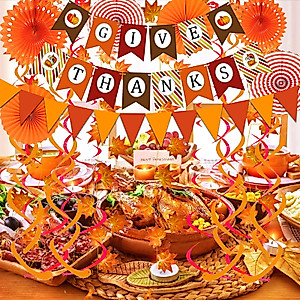 Give Thanks Banner Orange Paper Triangle Flag Bunting Maple Leaf Hanging Garland and Paper Fan Flower Swirl Streamers for Thanksgiving Theme Party Decoration