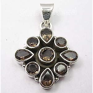 SilverStarJewel 925 Sterling Silver Drop, Round Smoky Quartz Pendant 1.3" New Gemstone
