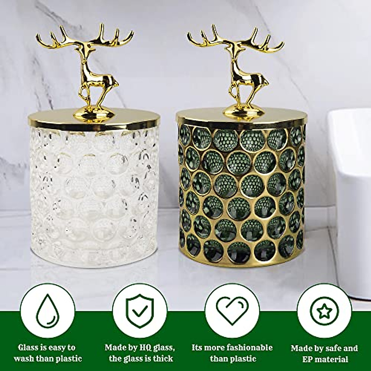 Ezebesta 2PCS Vintage Bathroom Canisters Luxury Small Thick Glass Jar Set Qtip Holder Dispenser for Cotton Ball & Pads Storage Organization Beautiful Decor