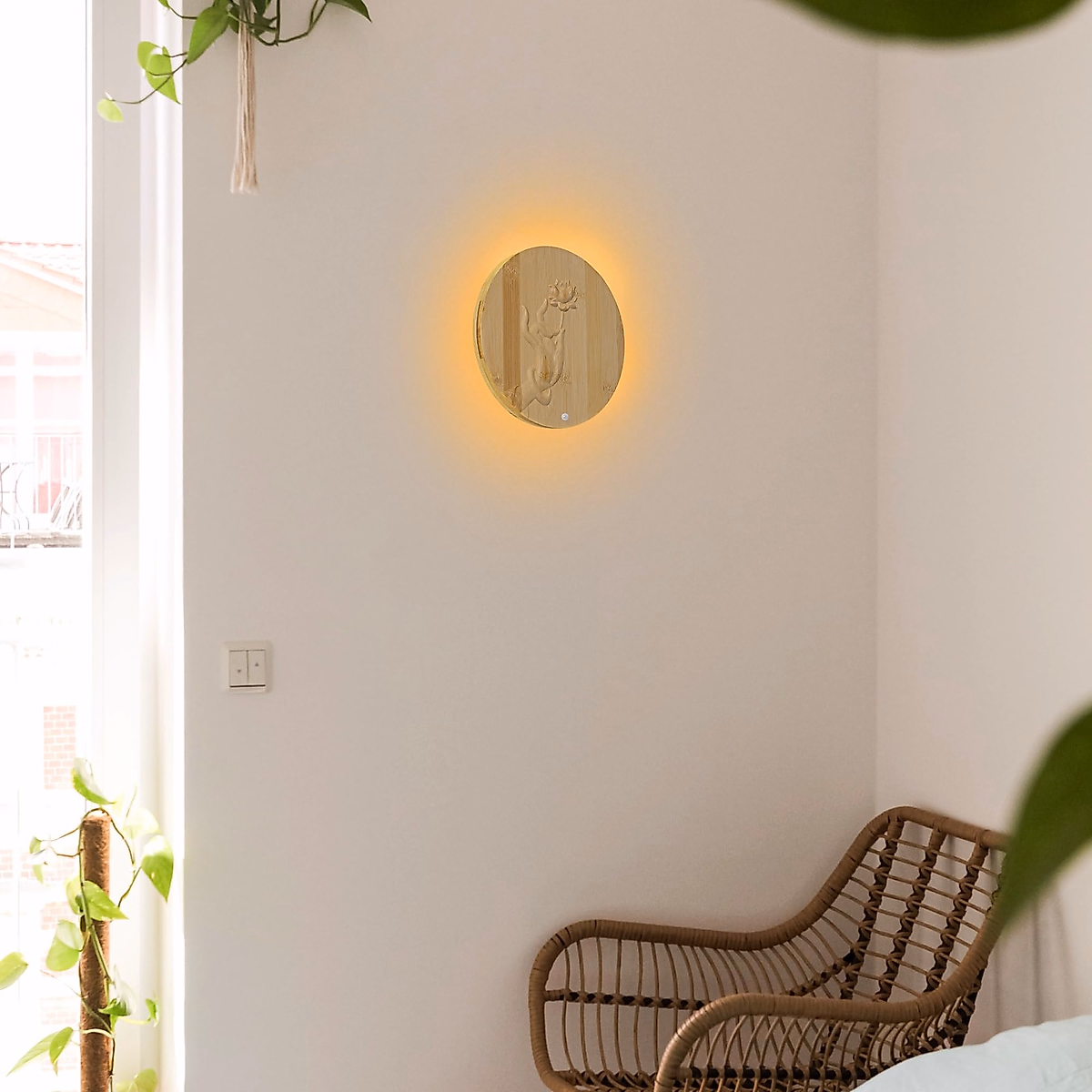 SKIVTGLAMP Hand Made Nature Wood Wall Sconce Rechargeable Battery Operated LED PIP Motion IR Sensor Wall Lamp, No Drilling Cordless Farmhouse Wood Embossed for Rustic Backlight Leaning Customizable