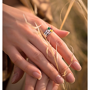 GLAMCARAT Sterling Silver Personalized Ring for Women Engraved Women’s birthstone Ring with 4 Stones –Name Rings Personalized –Promise Ring, Engagement, Anniversary