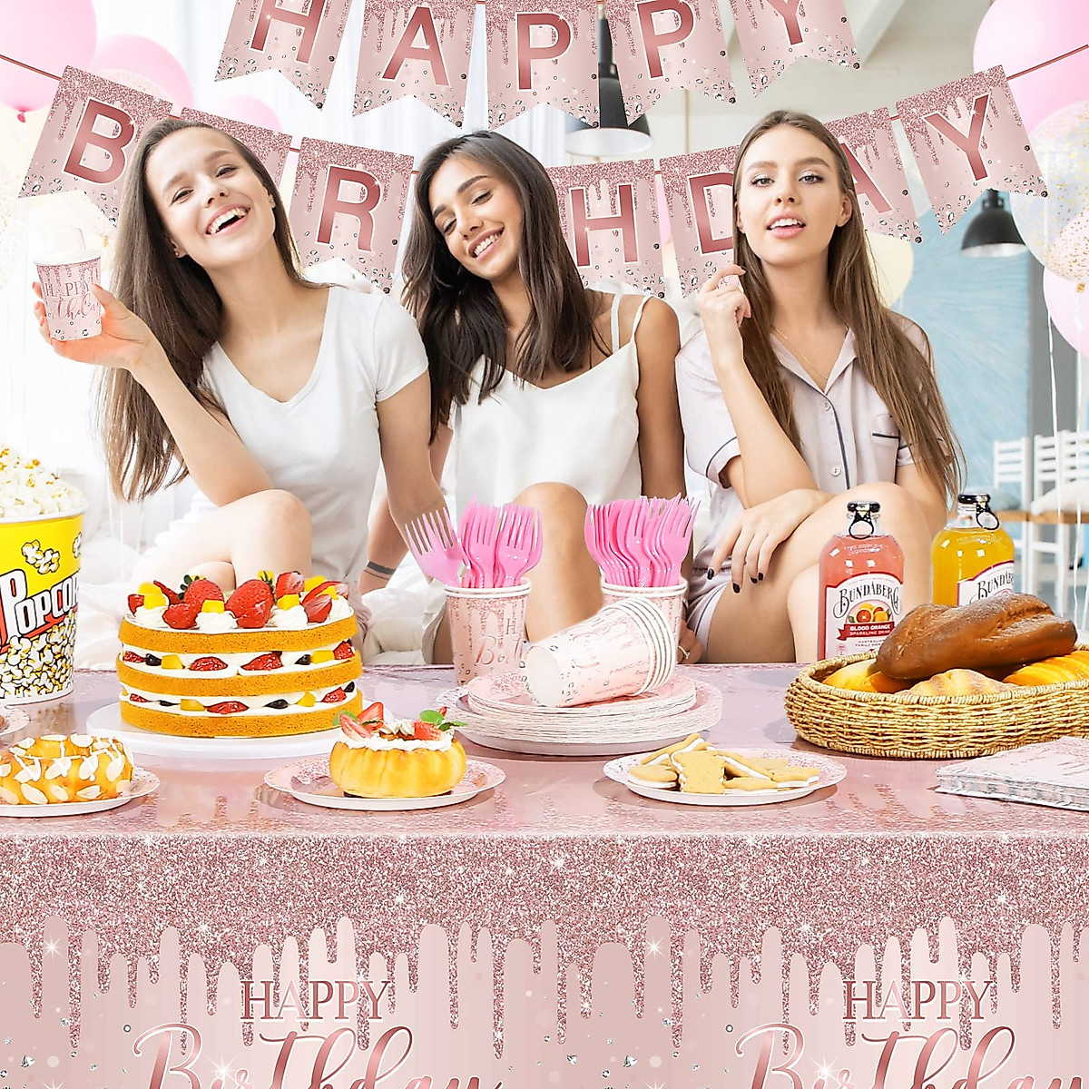 Roshtia 171 Pcs Pink Rose Gold Birthday Party Supplies Pink Birthday Tableware Set Rose Gold Party Plates and Napkin Tablecloths with Banner and Forks Knives Spoons Serve 24 Guest
