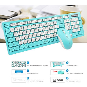 RECCAZR Wireless Keyboard and Mouse Combo, Full-Sized Wireless Keyboard and Adjustable DPI Mouse, 2.4GHz USB Receiver, Wireless Keyboard and Mouse for PC, Windows, Desktop, Laptop (Blue)