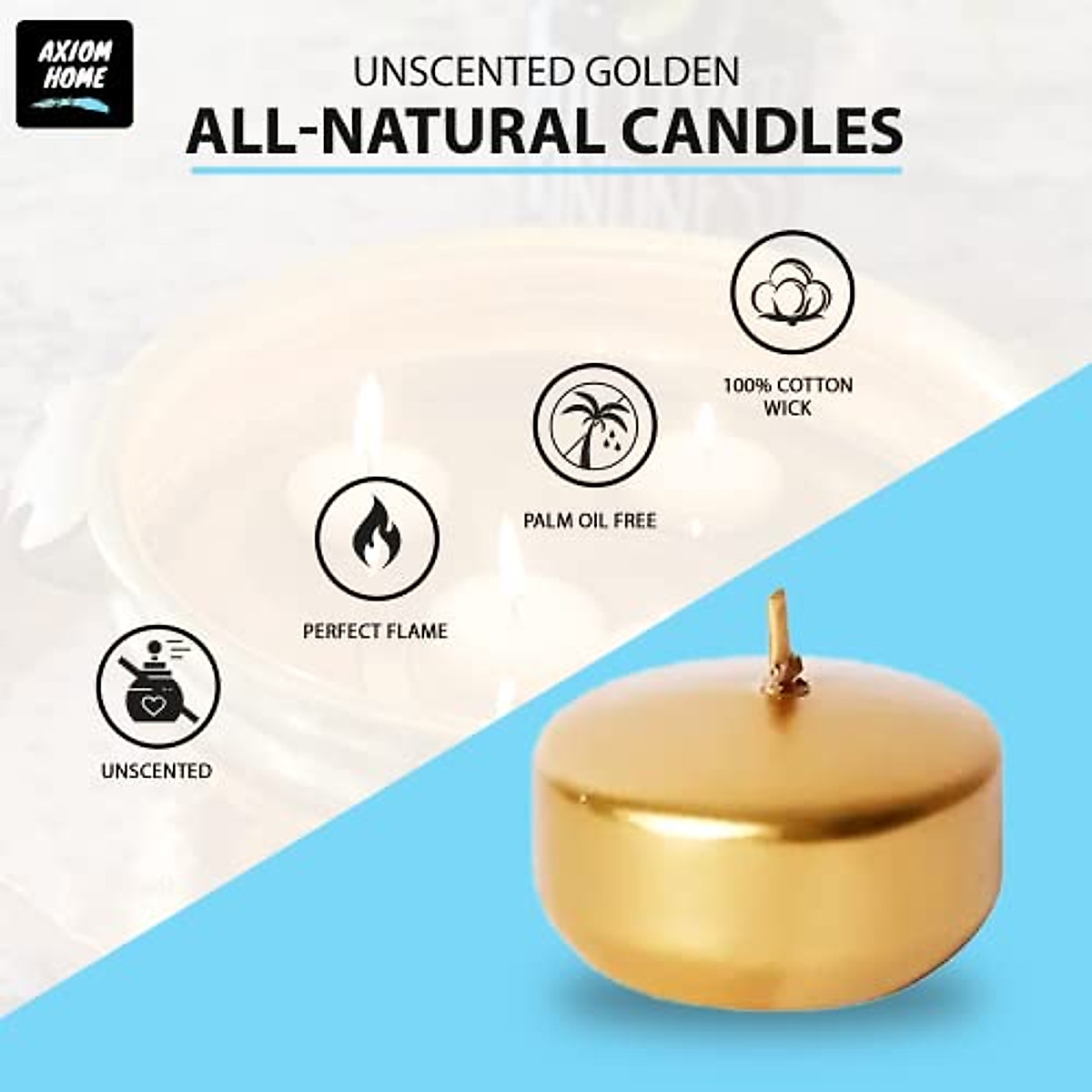Axiom - Pack of 24 Floating Candles, 4 Hours Burning Time - Dripless Floating Candles for Valentine's Day - 100% Pure and Natural Hand-Rolled Wax Candles for Parties - Metallic Golden (Unscented)