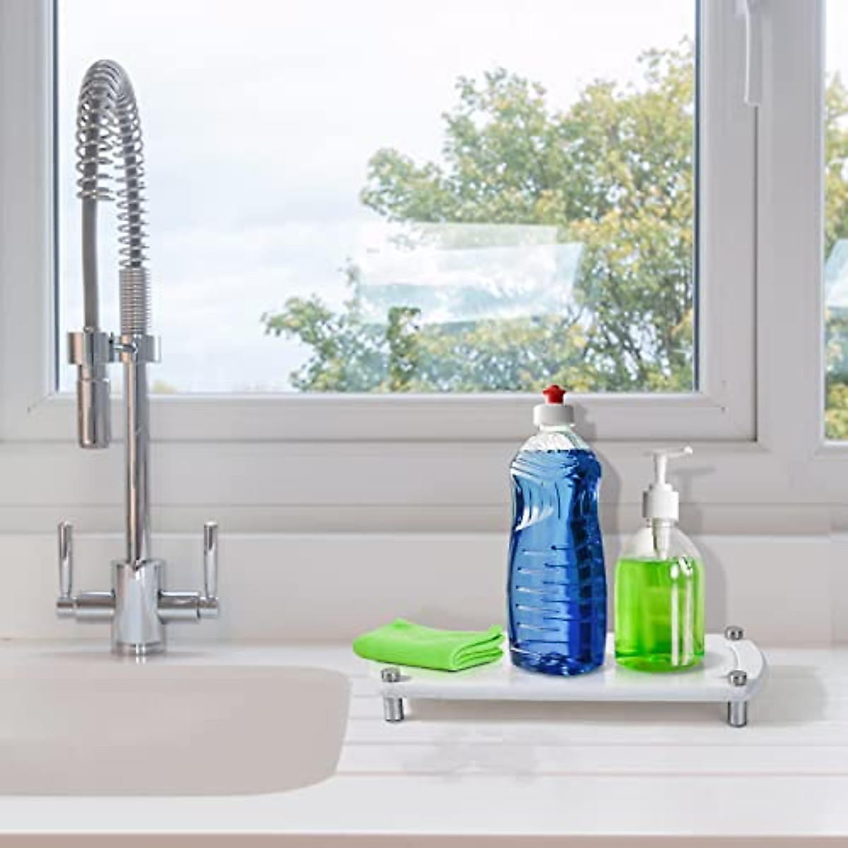 FAMNONE Bathroom Sink Caddy Dries Fast, Diatomaceous Earth Absorbs Moisture Bottle Drying Rack Sink Organizer on Countertop with Bottom Rubber Replacement & Grind Cleaning Sheets