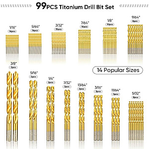 99Pcs Titanium Drill Bit Set with Plastic Indexed Storage Case,135 Degree Tip High Speed Steel Twist Drill Kit,Sizes from 1/16" to 3/8" for Drilling Aluminum,Copper,Plastic,Wood,and Soft Metal