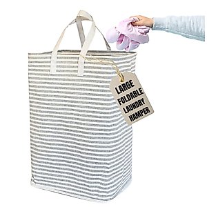 Evelots Large Laundry Hamper - Freestanding and Collapsible - Waterproof - Clothes, Toys Basket with Carry Handles - 80 Liters, 21 Gallon - Up to 4 Large Loads - Solid Wire Top Frame - Gray Striped