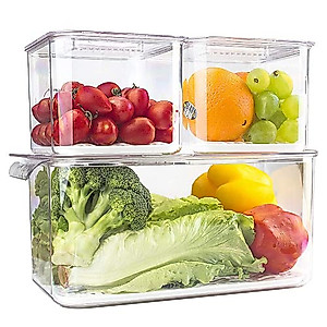Redrubbit Fridge Food Storage Containers Bins Produce Saver with Vented Lids, Stackable Refrigerator Freezer Organizer with Removable Drain Tray, Fresh Keeper, 3 Pack
