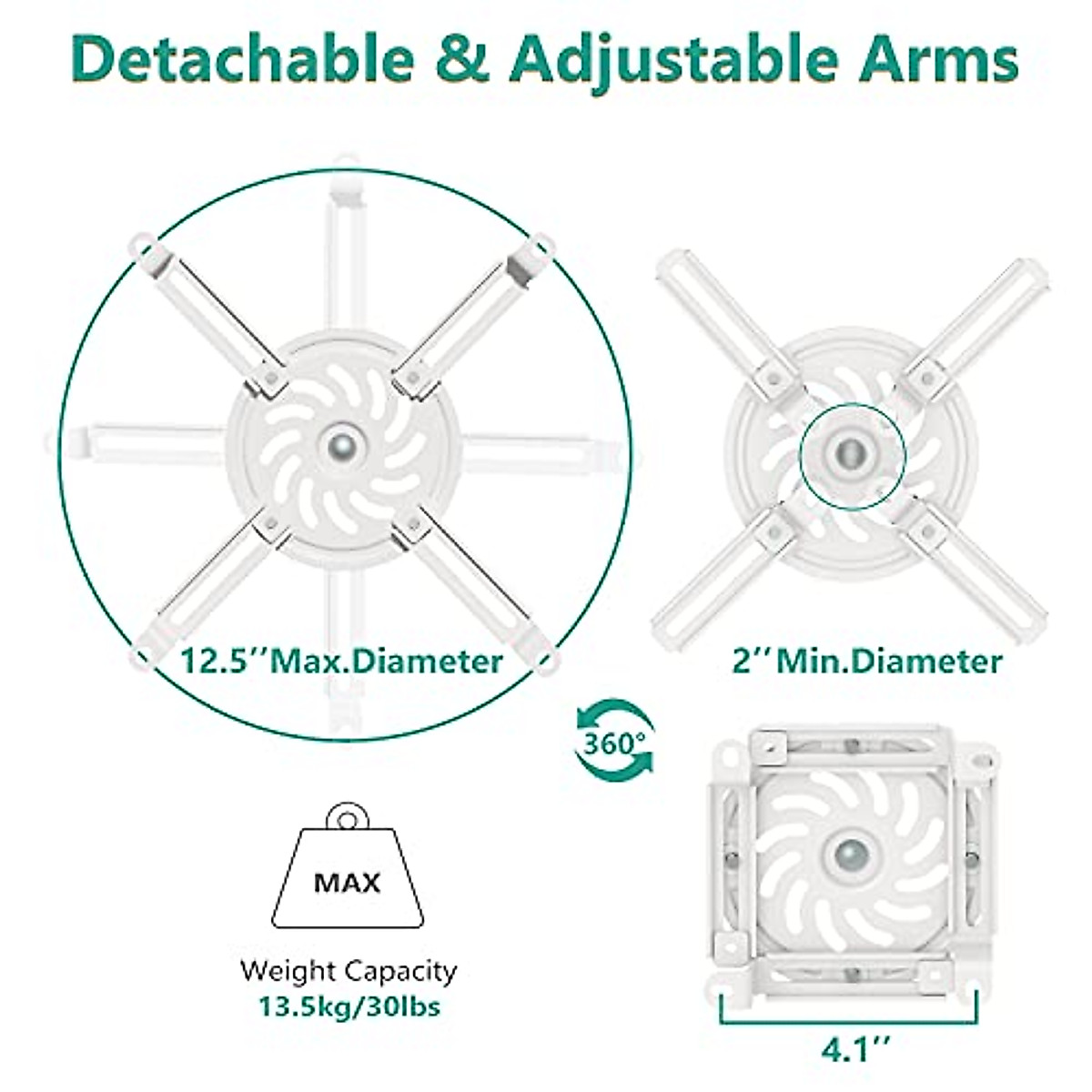 WALI Projector Ceiling Mount, Universal Low Profile Projector Mount with Retractable Arms and Multiple Adjustment Function (PM-002-W), White