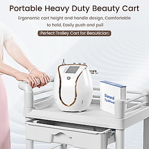 Meifuly Beauty Trolley Cart with Wheels, Vacuum Therapy Machine Trolley with Handrail, Bucket and Big Drawer, 3 Tier Heavy Duty Beauty Cart, Load 330lbs, 360° Rotate Silent Wheels