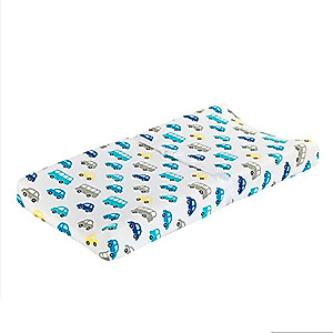 EVERYDAY KIDS 2 Pack Baby Changing Pad Covers for Baby Boy – Fits Most Changing Table Pads; 100% Cotton Jersey Knit, Breathable, Soft Changing Table Topper – Yellow and Blue Cars + Chevron Pattern