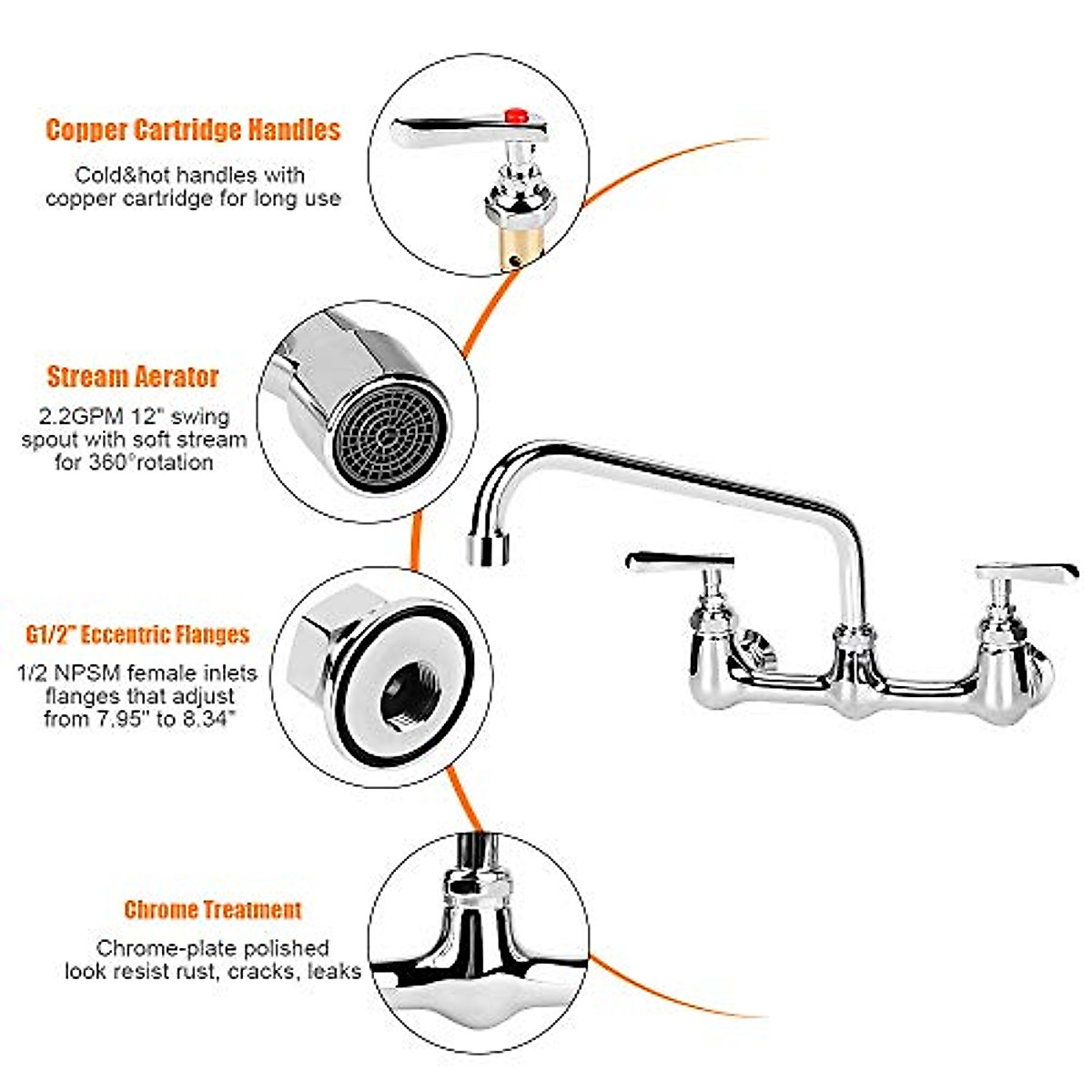 COOLWEST 8” Center Wall Mount Commercial Kitchen Sink Faucet with 12 Inch Swivel Swing Spout, 2 Handles Backsplash Mounted Sink Faucets Chrome Finish