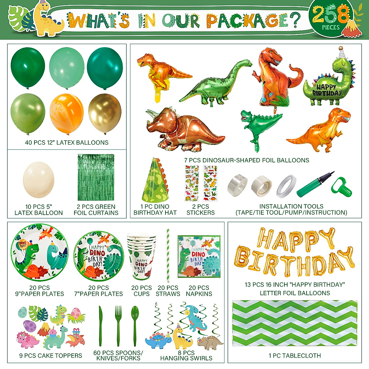 Party Spot! 260 Pcs Dinosaur Birthday Decorations, 20 Tableware Sets, Dinosaur Foil Balloons, Sticker, Banner, Dinosaur Paper Plates, Cups, Balloon Pump, Dinosaur Party Decorations
