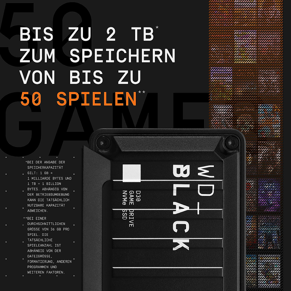 Western Digital 500GB D30 Game Drive SSD - Portable External Solid State Drive, Compatible with Playstation, Xbox, & PC, Up to 900MB/s - WDBATL5000ABK-WESN