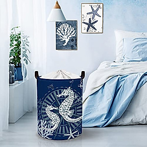 Clastyle 45L Waterproof Blue Seahorse Laundry Baskets for Clothes Collapsible Animal Storage Laundry Hamper with Drawstring, 14.2 * 17.7 in