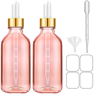 Bumobum Glass Bottle with Dropper, 4 oz Pink Tincture Bottle for Essential Oils with Labels and Funnels, 2 Pack Eye Dropper Bottles with Golden Top (Unbreakable Plastic Eye Dropper with Measurements)