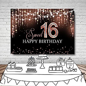 Sensfun Sweet 16 Birthday Party Backdrop Rose Gold Shiny Glitter Dots Diamond Princess Sweet Sixteen Photography Background for Girls Happy 16th Birthday Decorations Banner Photo Booth Backdrops 7x5ft