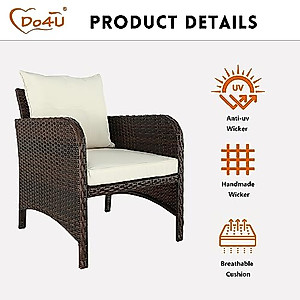 Do4U 5 Pieces Classic Blue Large Rectangular Wicker Conversation Set with PE Rattan and Glass Coffee Table for Patio, Backyard, Pool (Beige)