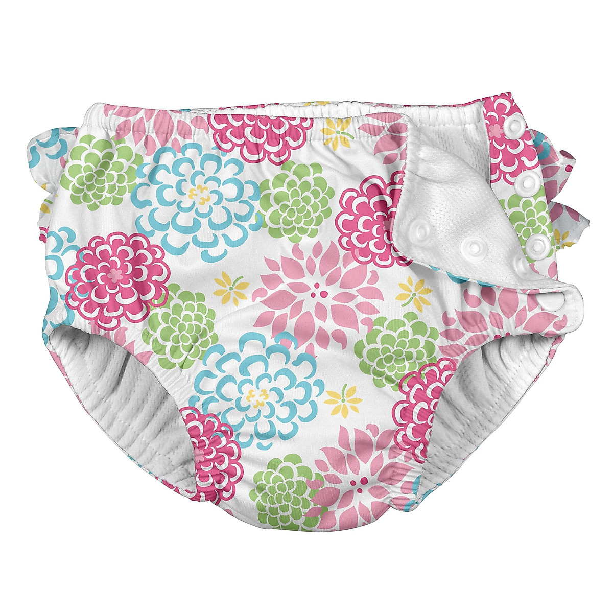 Ruffle Snap Reusable Absorbent Swimsuit Diaper-White Zinnia-18mo