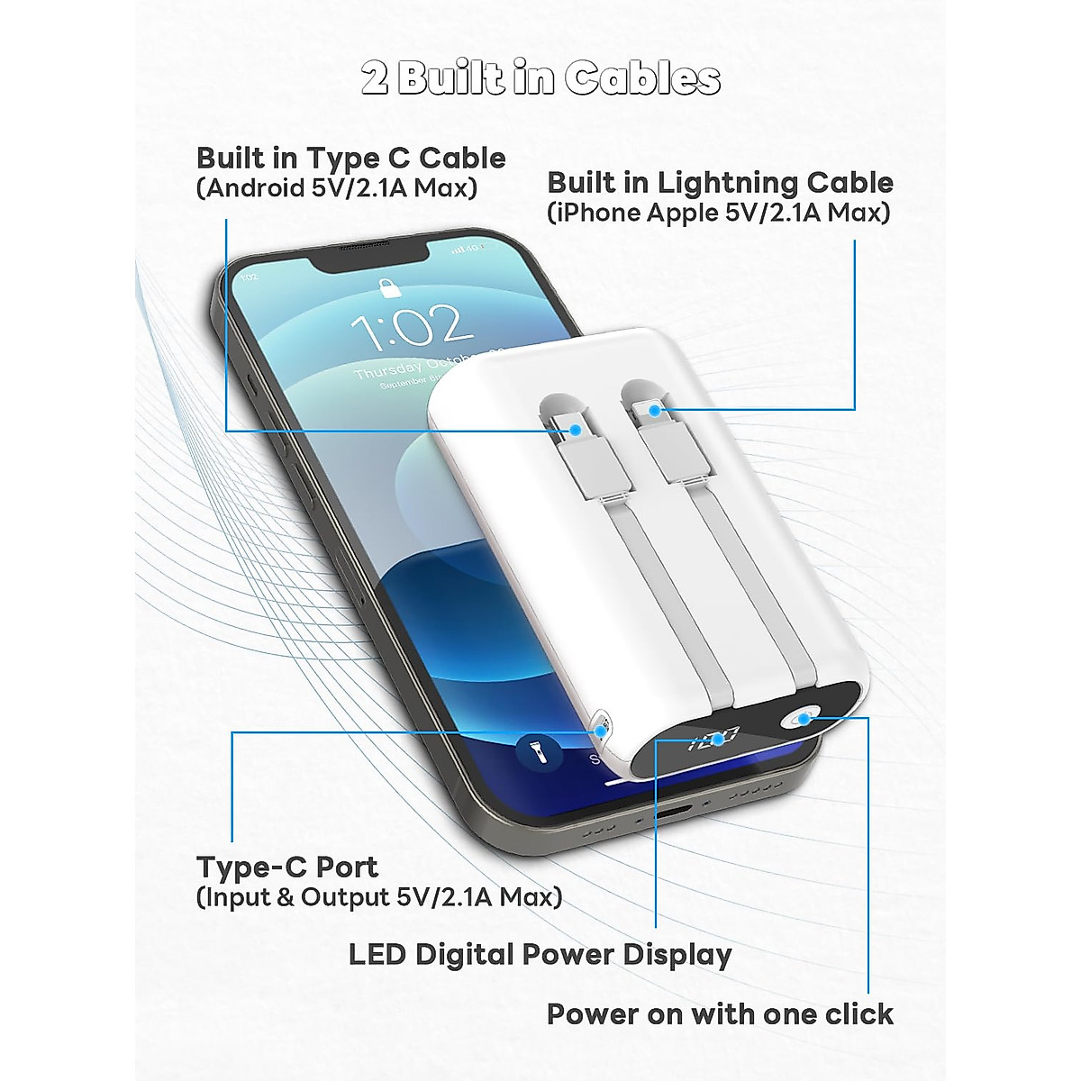 OHZHAO Portable Phone Charger 12000mAh with Built-in Cables, LED Display, Fast Charging Ultra Compact Portable Charger Power Bank, Battery Pack for iPhone 15/14/13/12 Series,Samsung/Google/LG/iPad etc