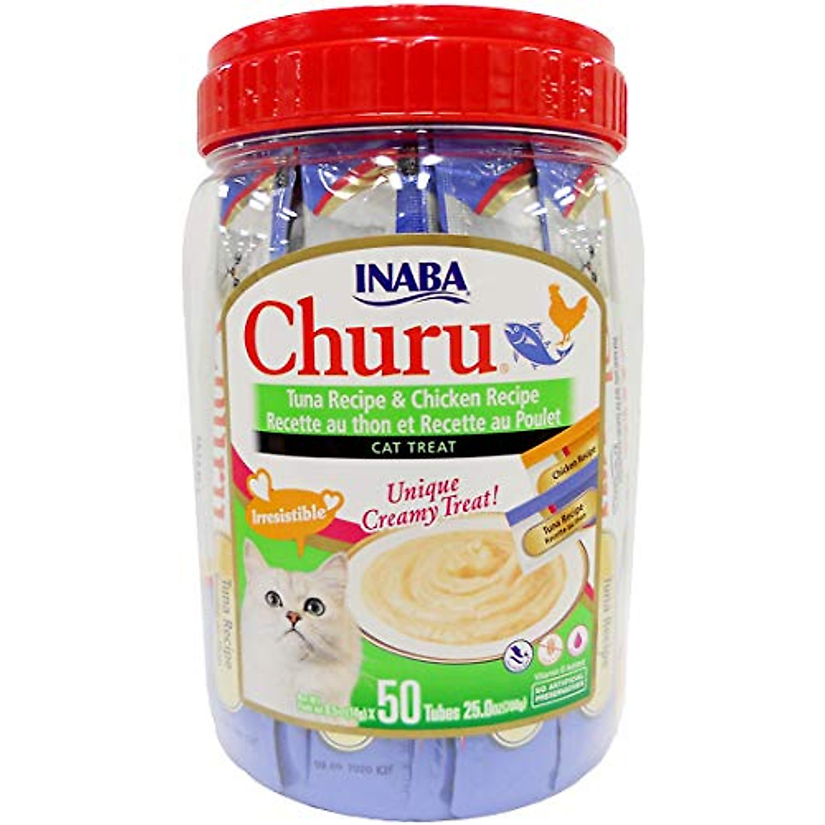 INABA Churu Lickable Creamy Purée Cat Treats Tuna Recipe and Chicken Recipe Canister of 50 Tubes