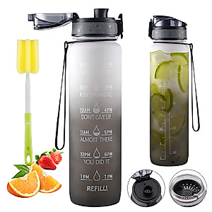 Kanglesdip 32 oz Large Water Bottle with Motivational Time Marker & Removable Strainer,Fast Flow BPA Free for Fitness, Gym and Outdoor Sports(White/Black)