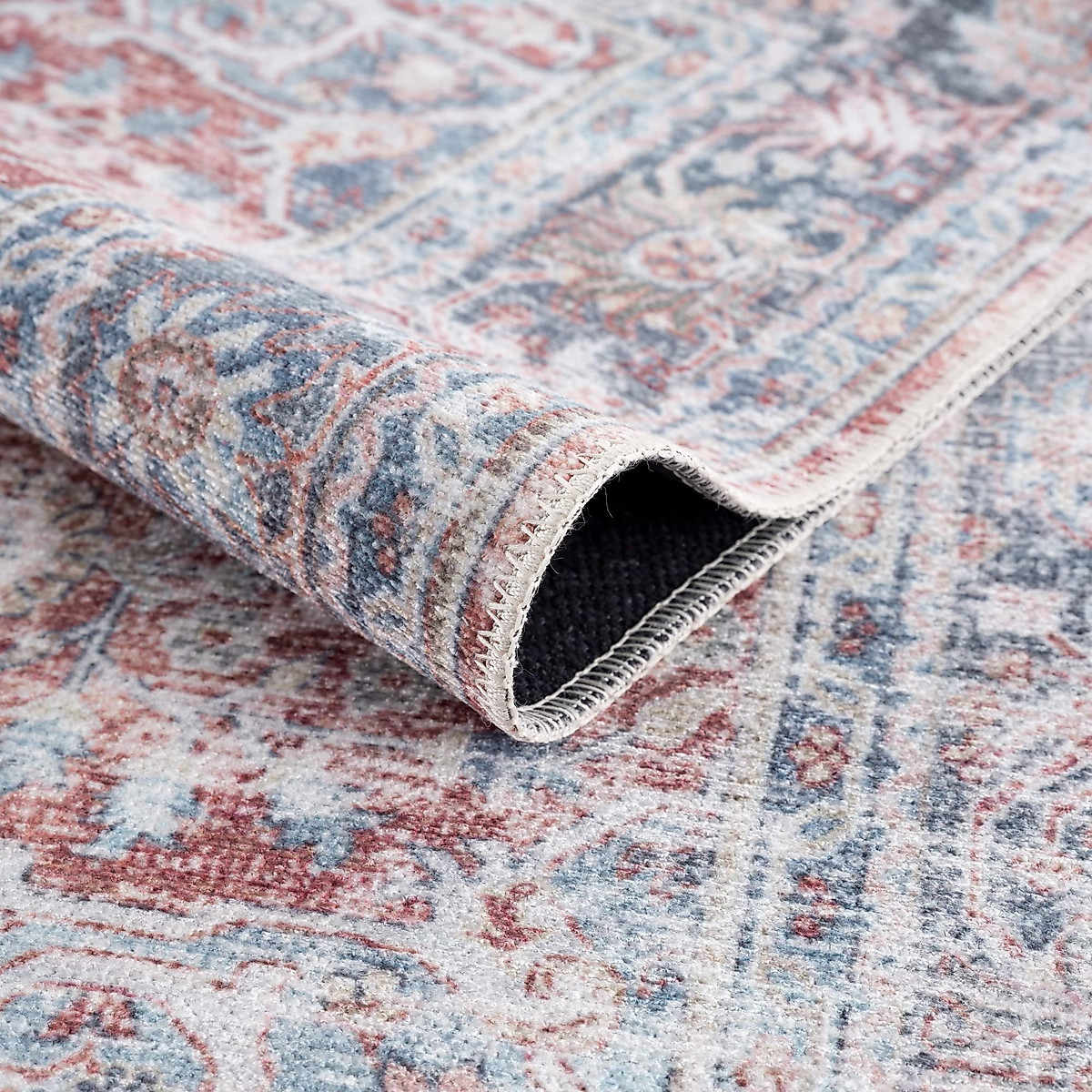 Bloom Rugs Caria Washable Non-Slip 12 ft Runner - Brick/Dark Blue Traditional Runner for Entryway, Hallway, Bathroom, and Kitchen - Exact Size: 2'6" x 12'