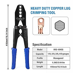 iCrimp Battery Cable Lug Terminal Crimping Tool, for 1/0, 2/0, 3/0, 4/0 Gauge, Battery Cable End, Heavy Duty Lug, Copper Wire Lug Crimper